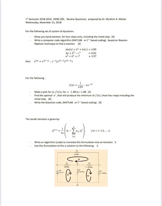 Solved 1" Semester 2018-2019, EENG 205, Review Questions, | Chegg.com