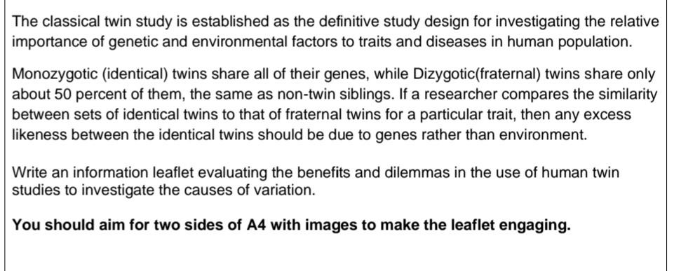 Solved The classical twin study is established as the | Chegg.com