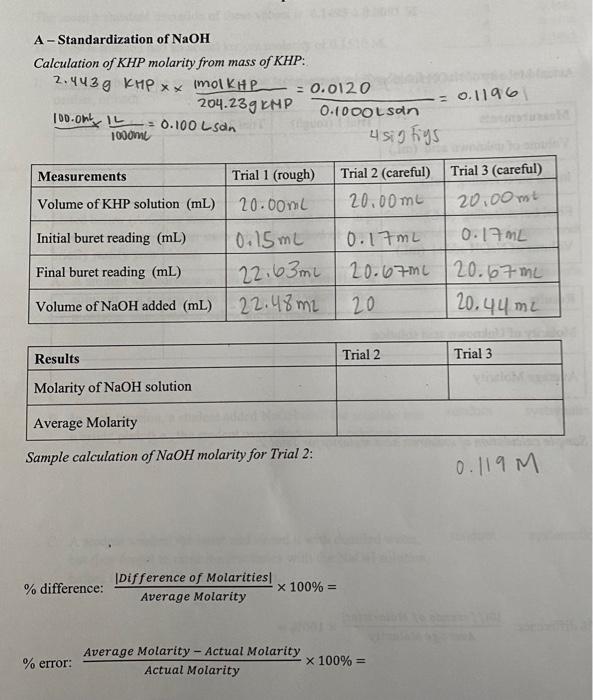 Solved A-Standardization of NaOH Calculation of KHP molarity | Chegg.com