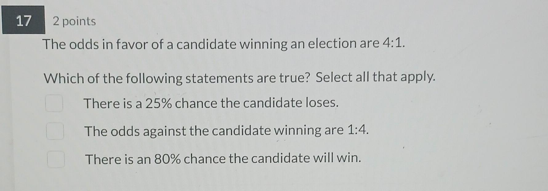 Solved 2 points The odds in favor of a candidate winning an | Chegg.com
