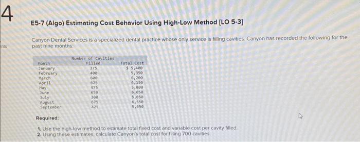 Solved E5-7 (Algo) Estimating Cost Behavior Using High-Low | Chegg.com
