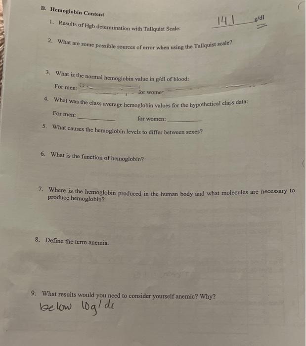 Solved B. Hemoglobin Content 1. Results of Hgb determination | Chegg.com