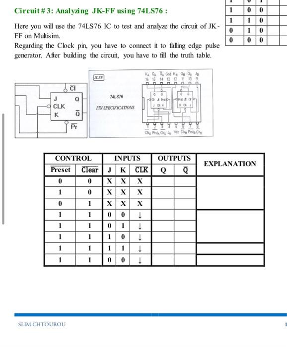 Solved Circuit # 3: Analyzing JK-FF using 74LS76: Here you | Chegg.com