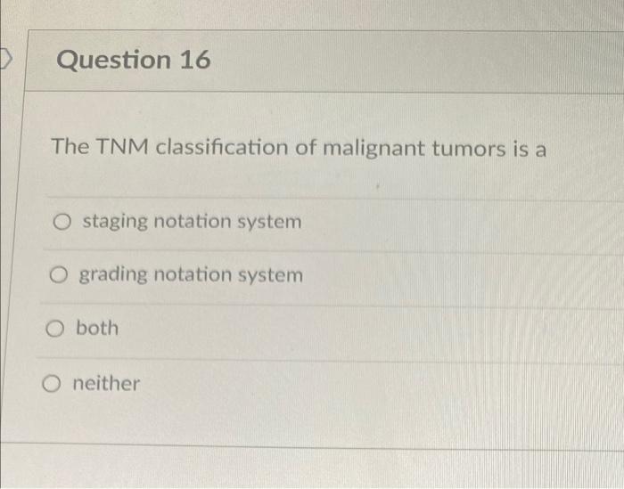 Solved Question 16 The TNM classification of malignant | Chegg.com