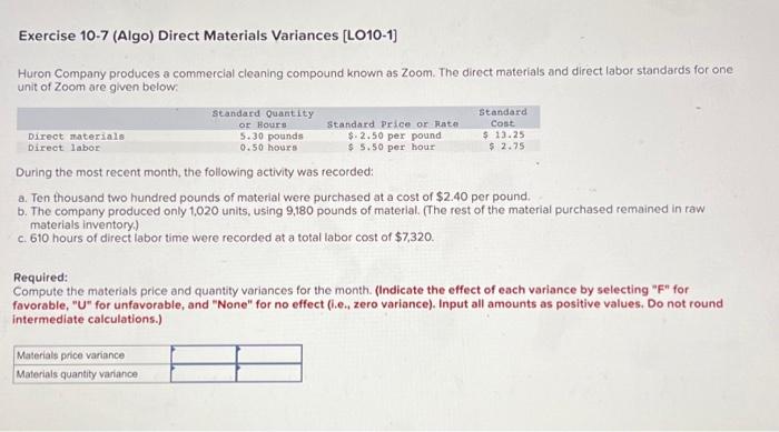 Solved Exercise 10-7 (Algo) Direct Materials Variances | Chegg.com