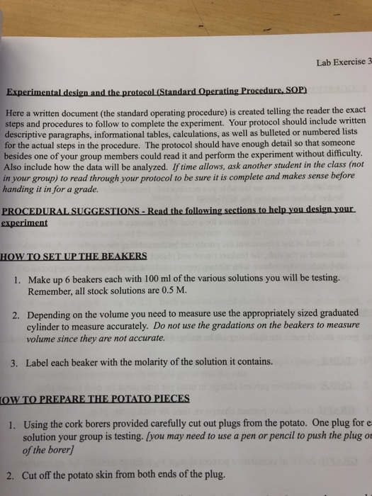 Lab Exercise Experimental design and the protocol | Chegg.com