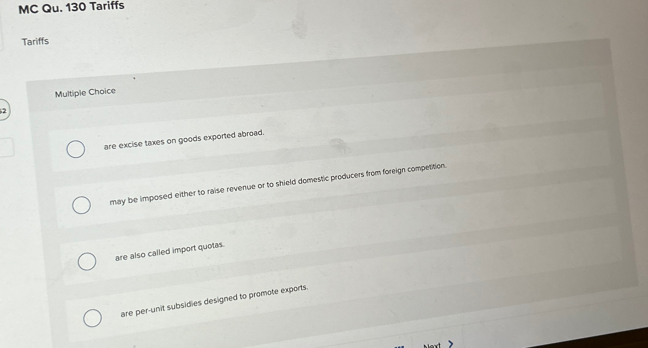 Solved MC Qu. 130 ﻿TariffsTariffsMultiple Choiceare excise | Chegg.com