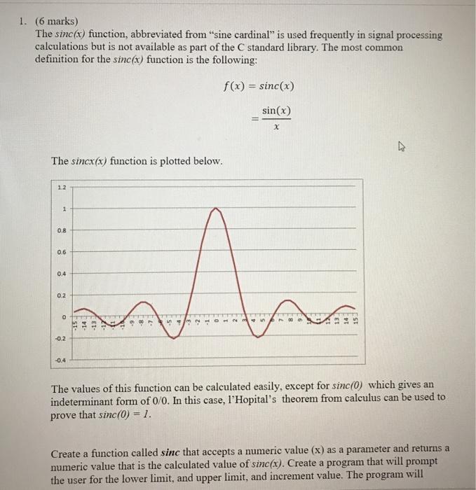 Solved 1. (6 marks) The sinc() function, abbreviated from | Chegg.com