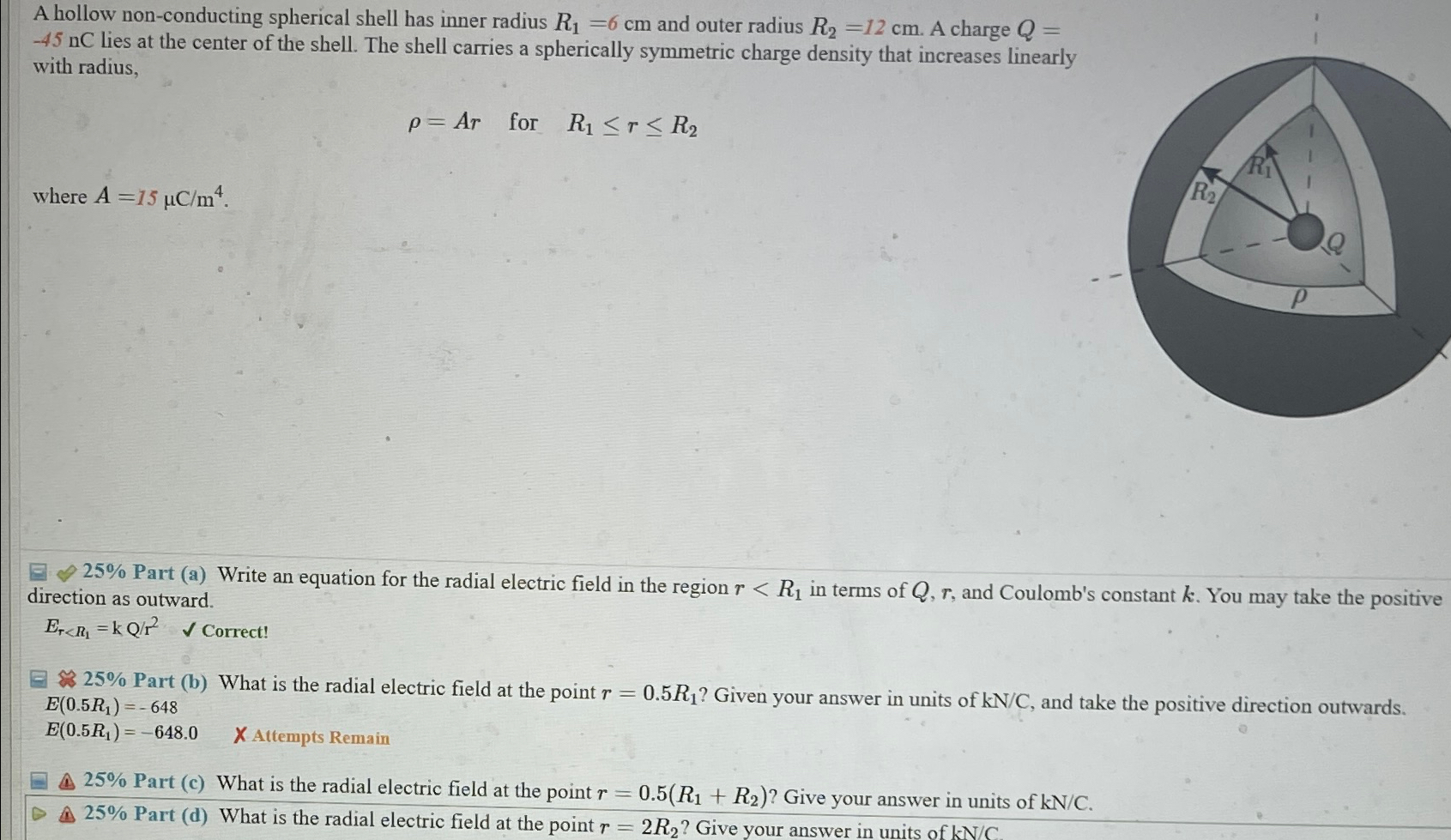 Solved A hollow non-conducting spherical shell has inner | Chegg.com