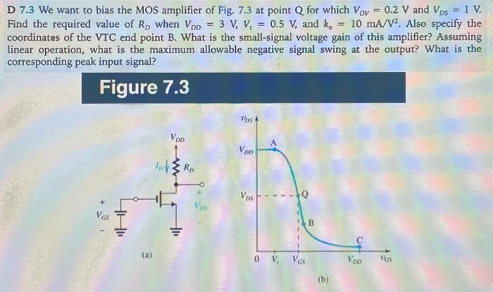 Solved D 7.3 We want to bias the MOS amplifier of Fig. 7.3 | Chegg.com