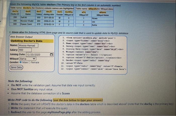 Solved Given the following MySQL table: doctors (The Primary | Chegg.com