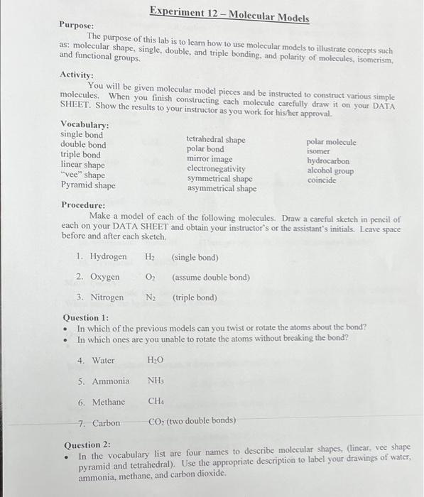 Solved Experiment 12-Molecular Models Purpose: The purpose | Chegg.com