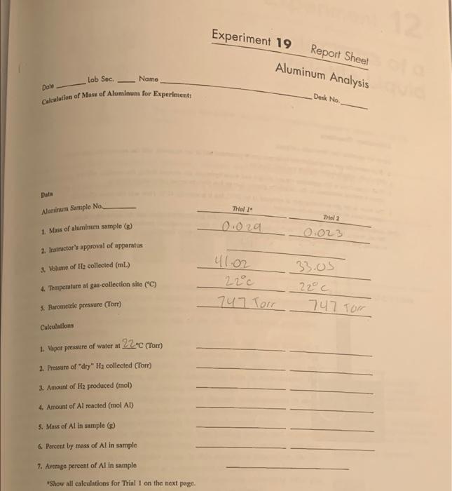 Solved Experiment 19 Report Sheel Aluminum Analysis Dale Lob | Chegg.com
