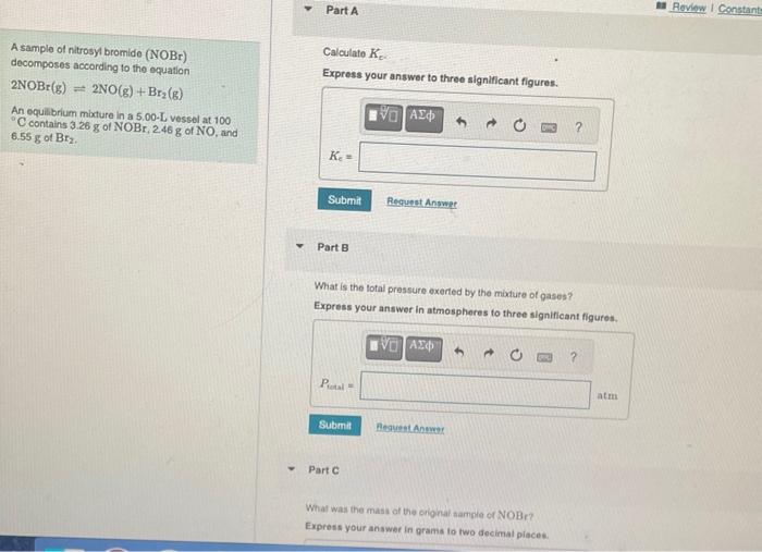 Solved A sample of nitrosyl bromide (NOBr) decomposes | Chegg.com