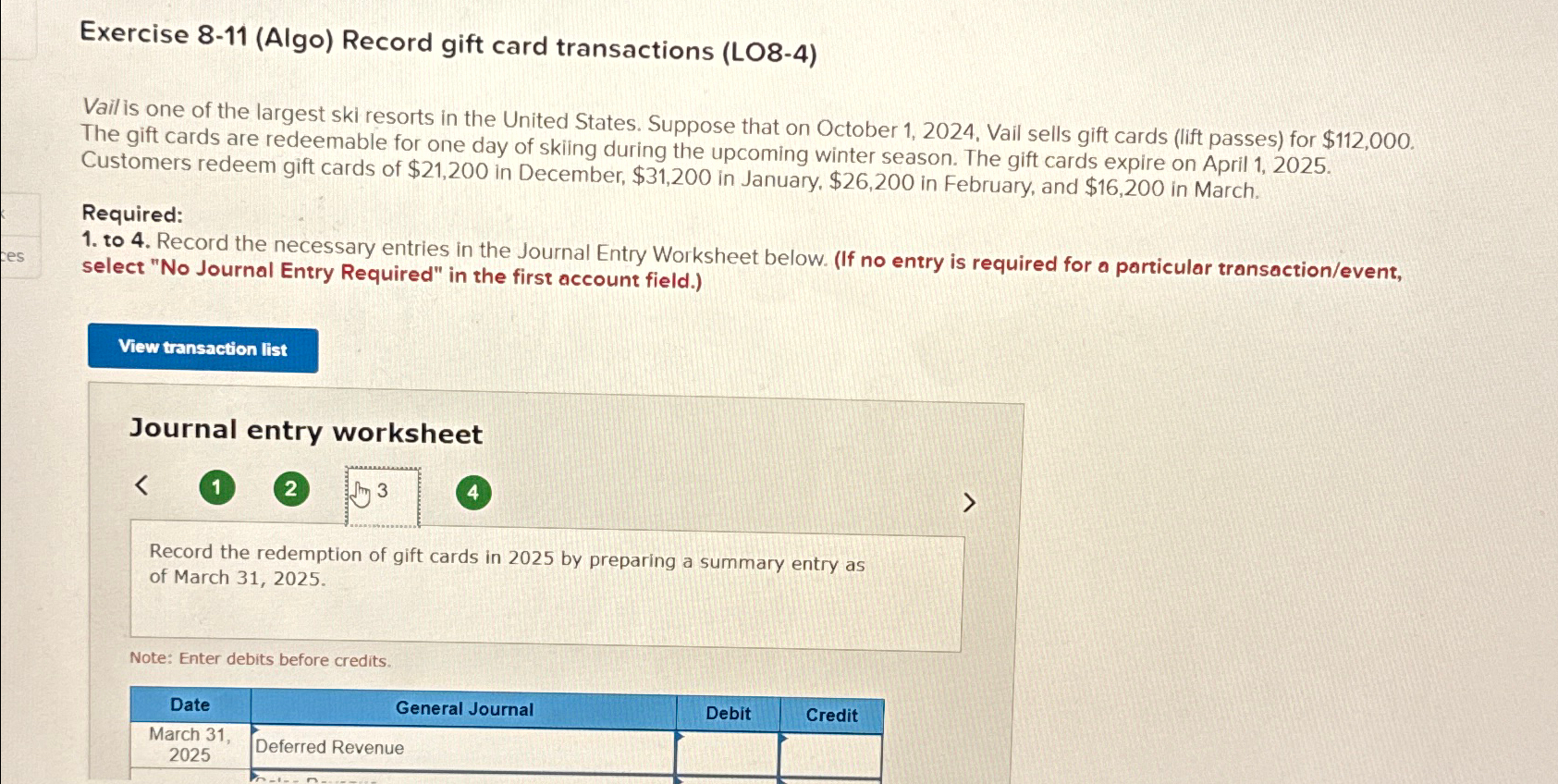 Solved Exercise 8-11 (Algo) ﻿Record gift card transactions | Chegg.com