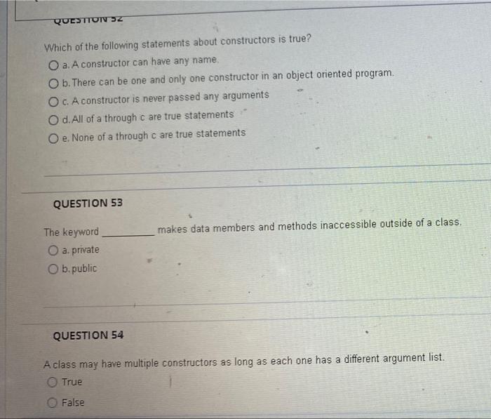 Solved Question 55 Constructors May Not Have A Return Type 5602