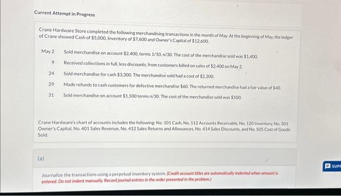 Solved Crane Hardware Store completed the following | Chegg.com