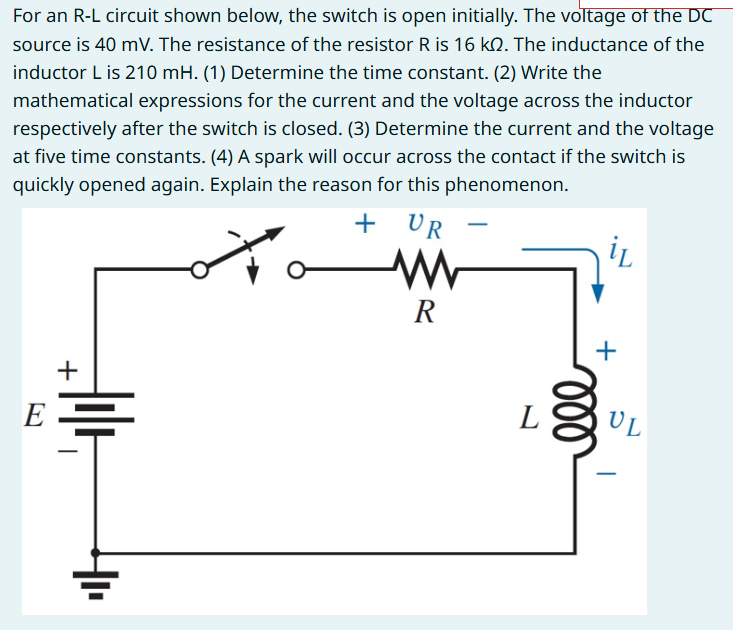 Solved For an R-L circuit shown below, the switch is open | Chegg.com