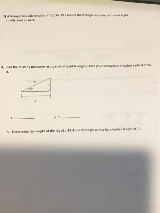 Solved 3) A triangle has side lengths of 15, 36, 39. | Chegg.com