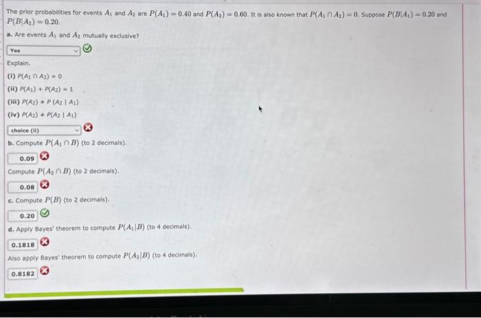 Solved The prior probabilities for events A1 and A2 are | Chegg.com