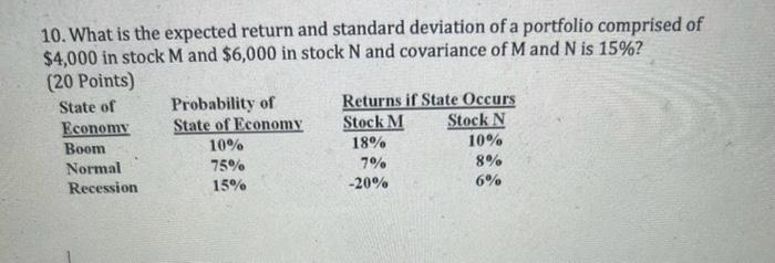 Solved 10. What is the expected return and standard | Chegg.com