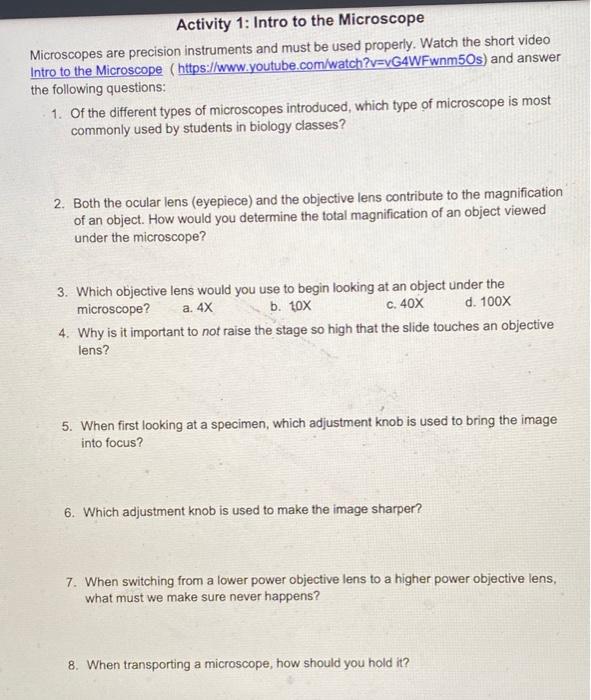 Solved Activity 1: Intro to the Microscope Microscopes are | Chegg.com