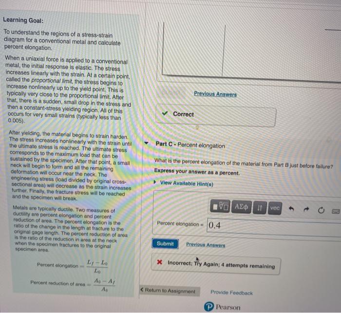 Previous Answers Correct Part C- Percent elongation | Chegg.com