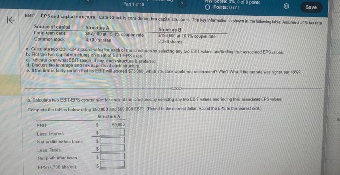 Solved EBIT-EPS and capital structure-Data-Check is | Chegg.com