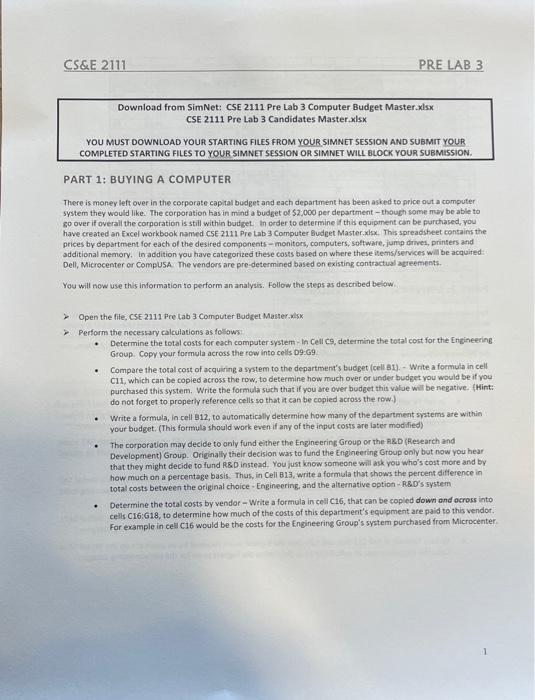 Download from SimNet: CSE 2111 Pre Lab 3 Computer | Chegg.com