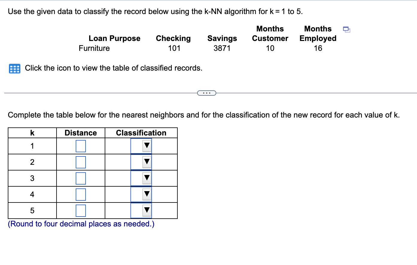 Solved Use the given data to classify the record below using | Chegg.com