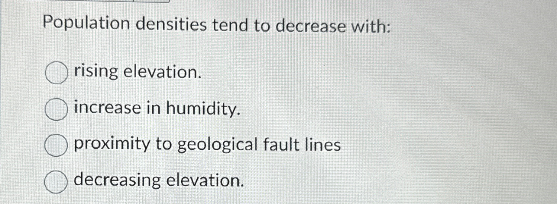 Solved Population densities tend to decrease with:rising | Chegg.com