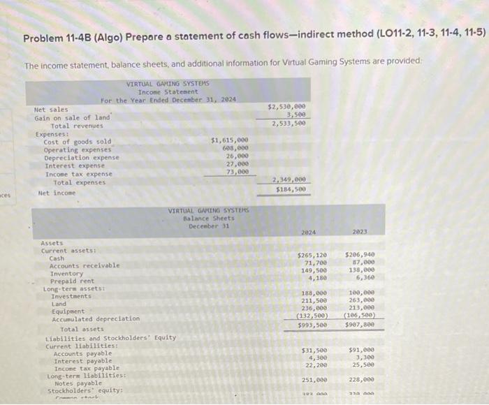 Solved Problem 11-4B (Algo) Prepare a statement of cash | Chegg.com