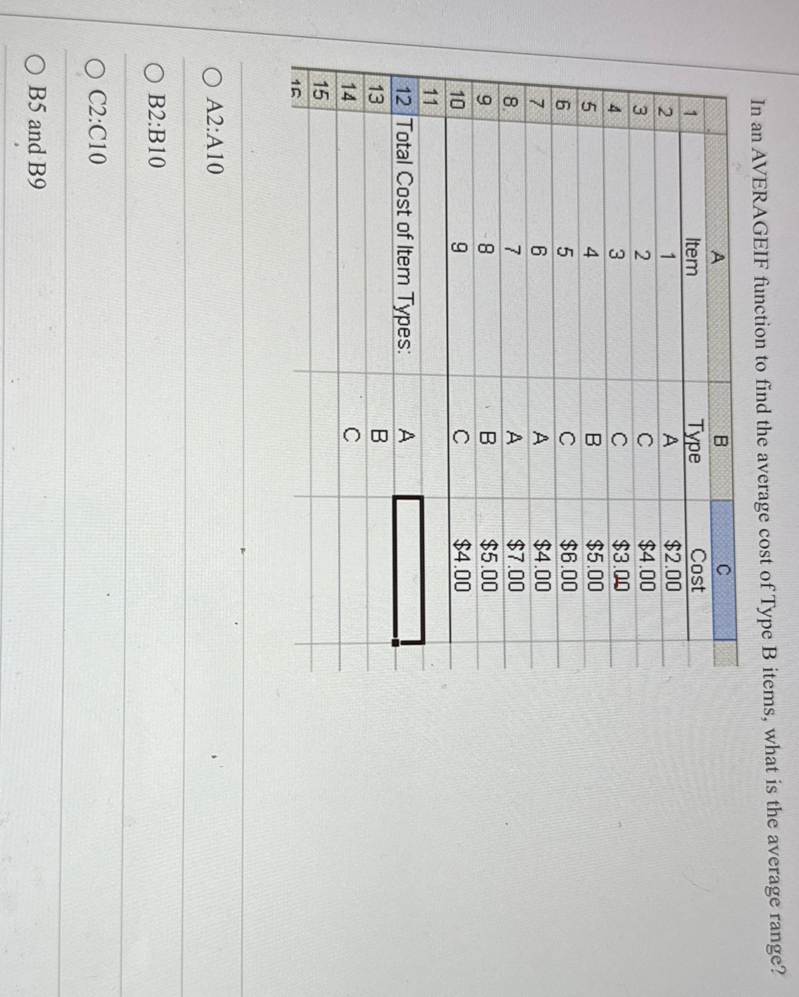 Solved In an AVERAGEIF function to find the average cost of | Chegg.com
