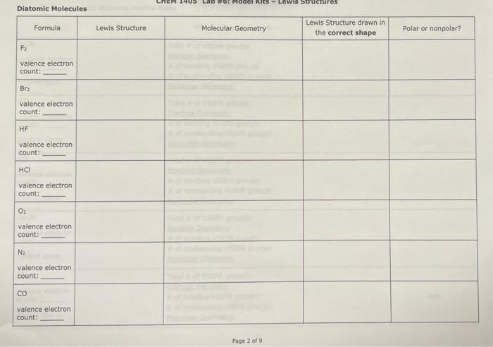 Solved CHEM 1405 Lab #6: Model Kits - Lewis Structures - | Chegg.com