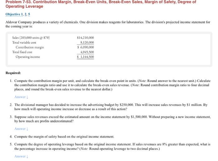 Solved Problem 7-53. Contribution Margin, Break-Even Units, | Chegg.com
