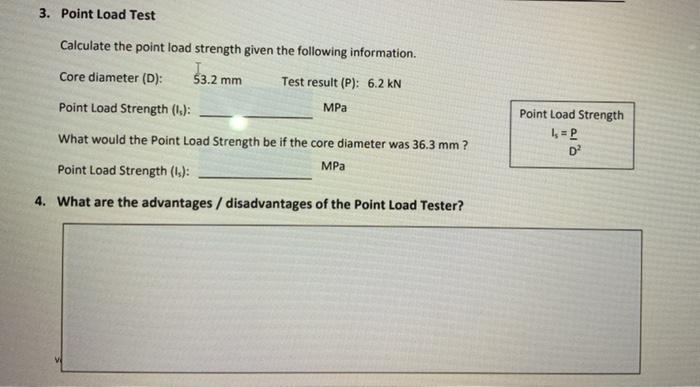 Solved 3. Point Load Test Calculate the point load strength | Chegg.com