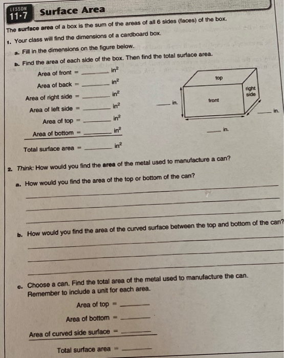 Solved LESSON 11:7 Surface Area The surface area of a box is | Chegg.com