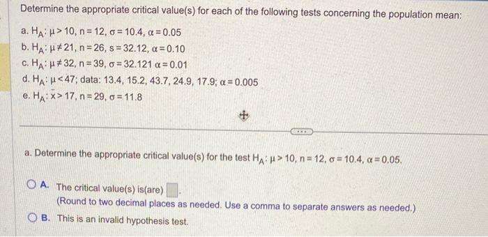 Solved Determine The Appropriate Critical Value S For Each