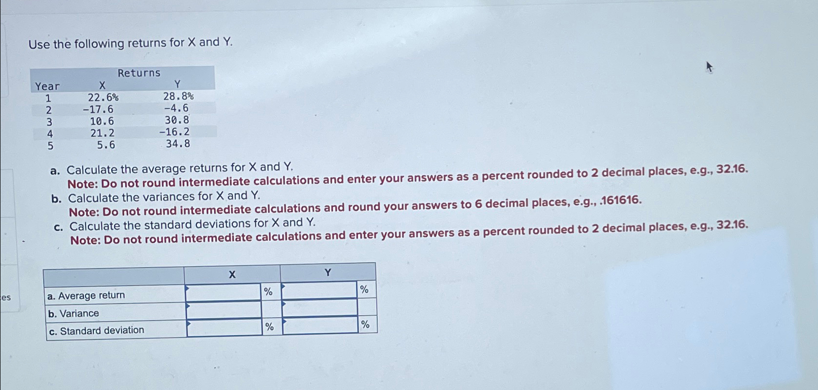 Solved Use the following returns for x ﻿and | Chegg.com