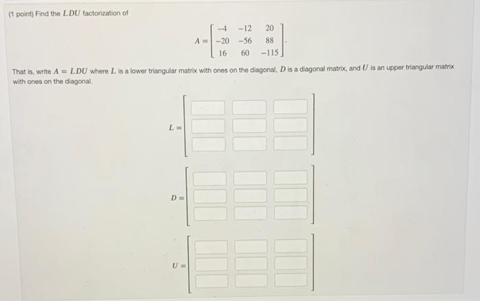 Solved (1 point) Find the LDU factorization of 20 88 -115 | Chegg.com