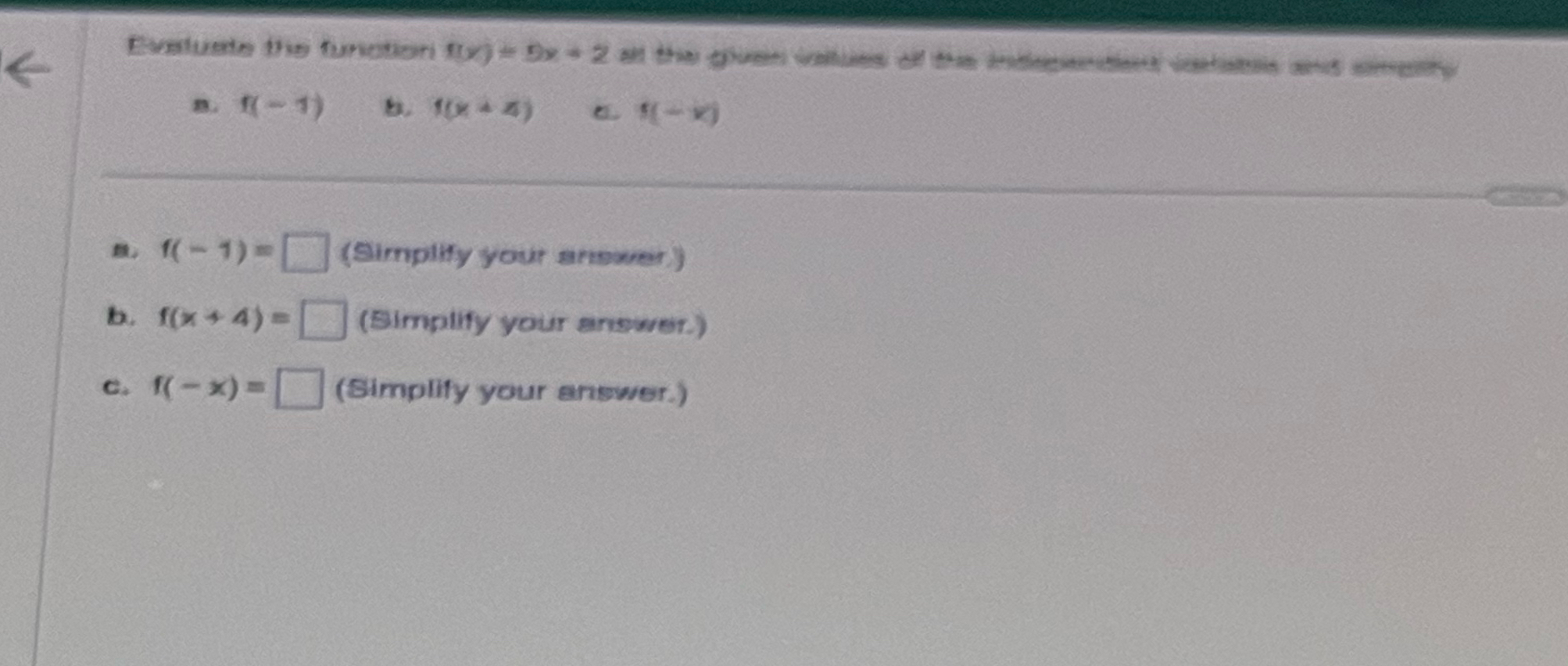 Solved Evaluate F(x)=5x+2 ﻿A. f(-1)= (Simplify your | Chegg.com