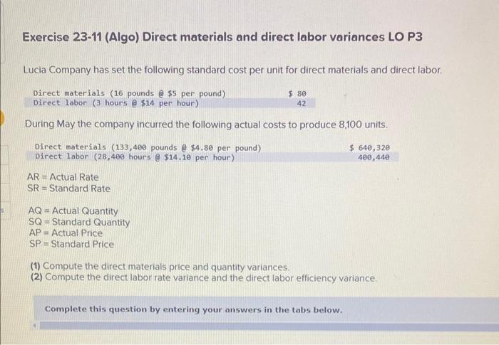 Solved Exercise 23-11 (Algo) Direct materials and direct | Chegg.com