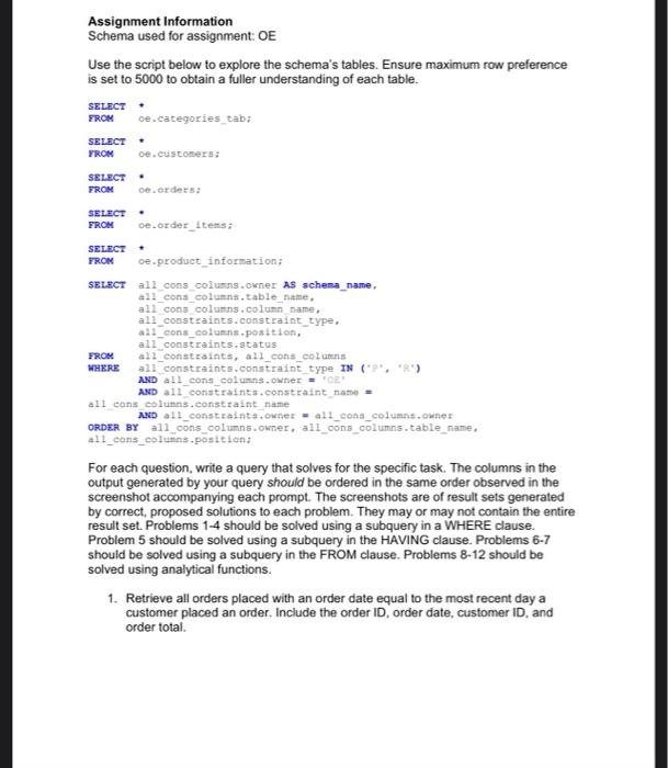 Solved Assignment Information Schema used for assignment: OE | Chegg.com
