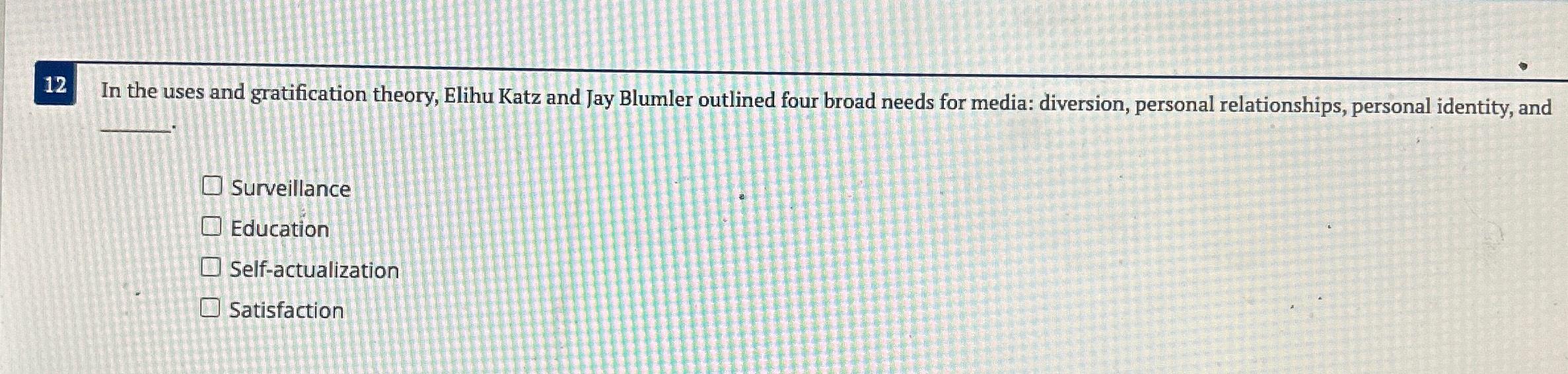Solved 12 ﻿In the uses and gratification theory, Elihu Katz | Chegg.com