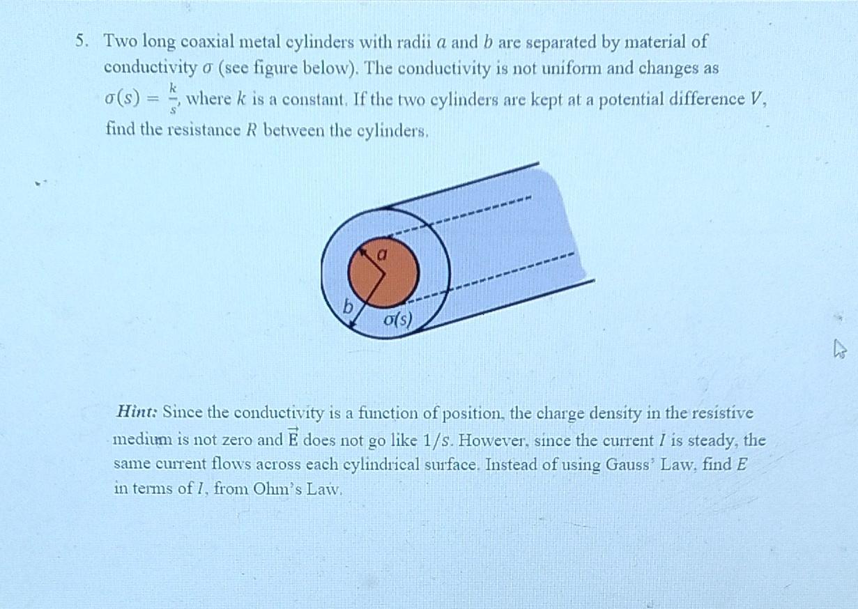 Solved 5. Two long coaxial metal cylinders with radii a and | Chegg.com
