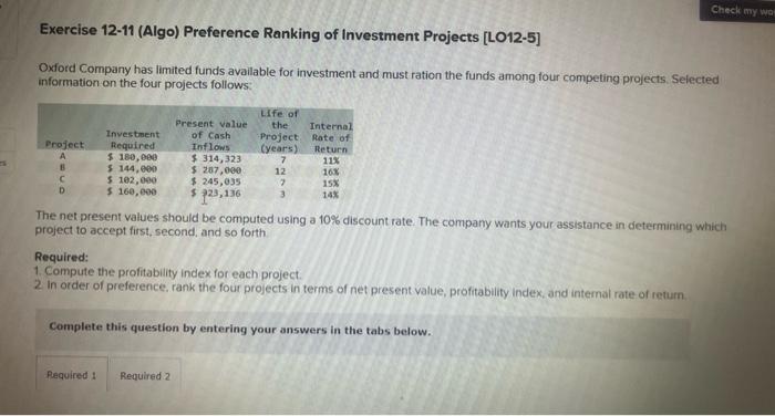 Solved Exercise 12-11 (Algo) Preference Ranking of | Chegg.com