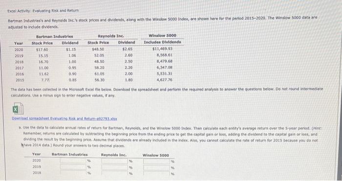 Solved Excel Activity: Evaluating Risk and Retum Bartman | Chegg.com