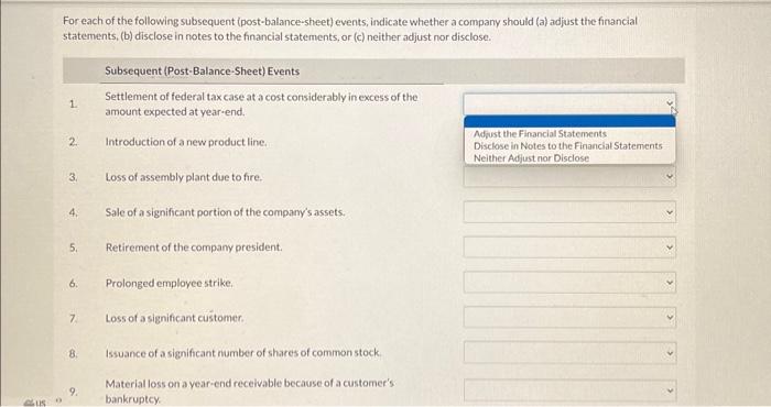 Solved For each of the following subsequent | Chegg.com