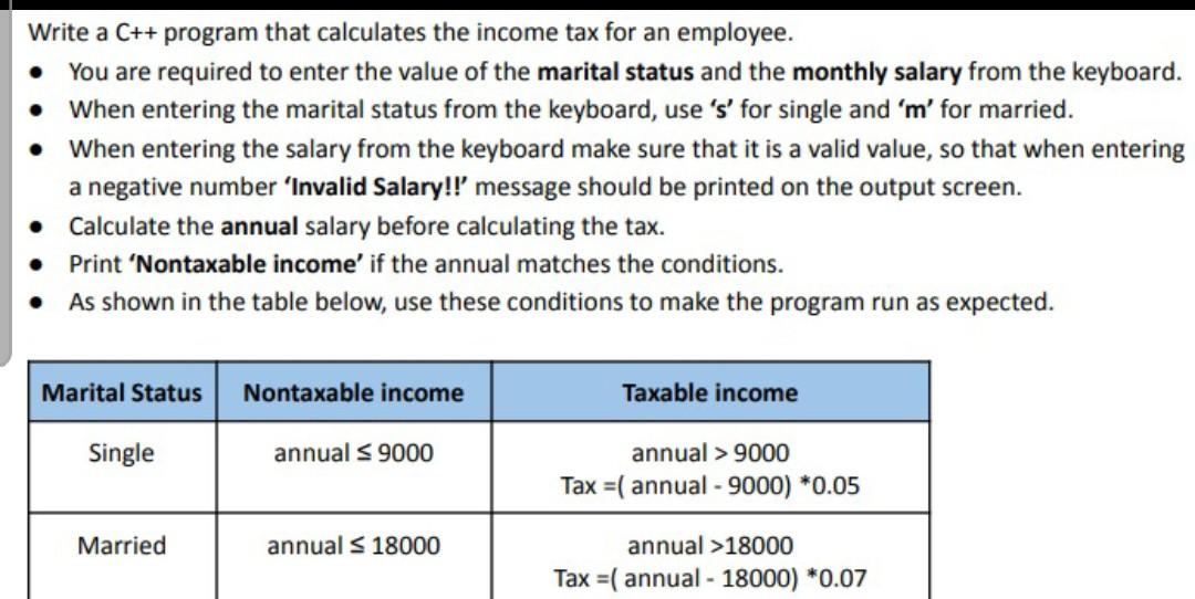 Write a C++ program that calculates the income tax | Chegg.com