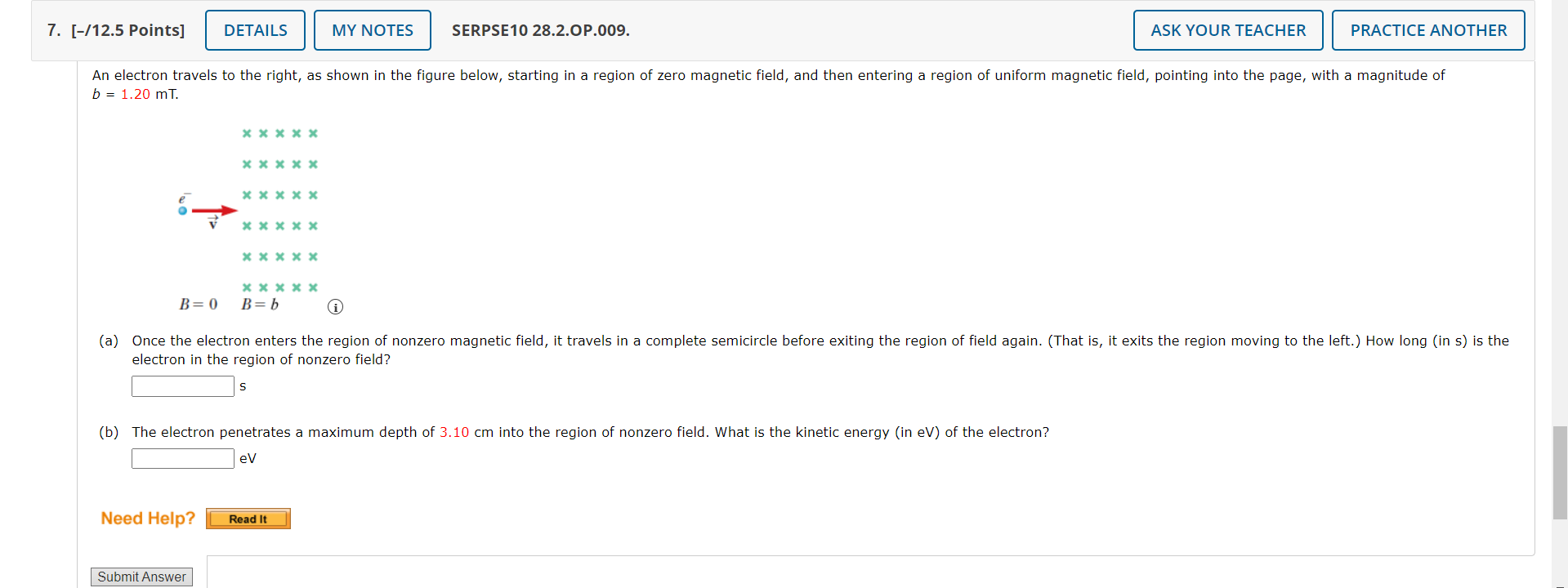 Solved b=1.20mT.electron in the region of nonzero field?s(b) | Chegg.com